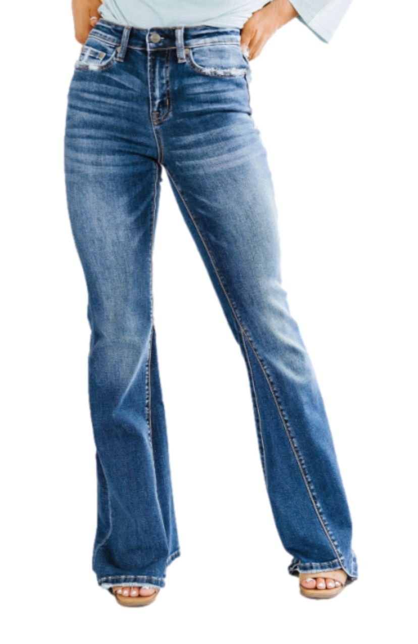 Sky Blue Medium Wash High Rise Flare Jeans – Pukkazon